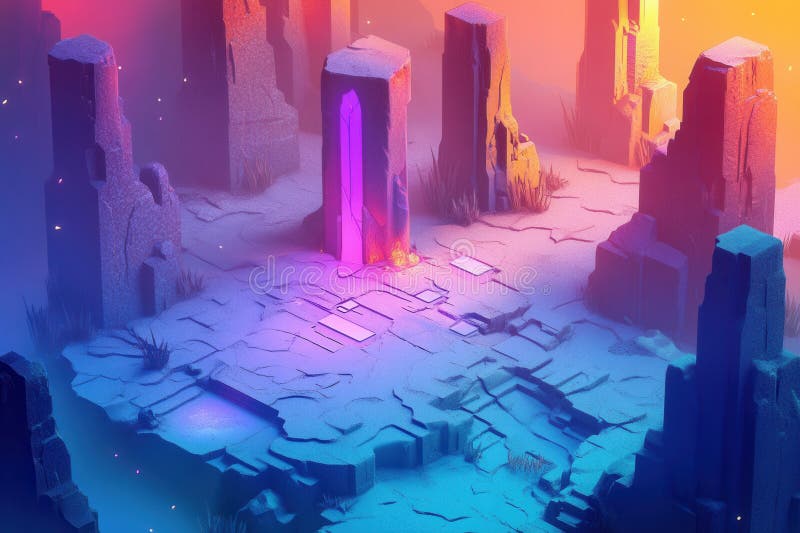 Isometric Gaming-inspired Background Featuring Stylized Terrain with ...