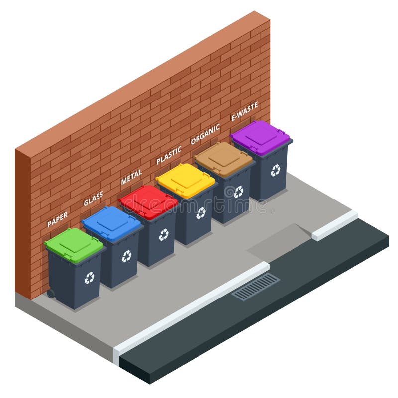 Isometric Garbage Containers of Different Types. Sorting Paper, Plastic ...