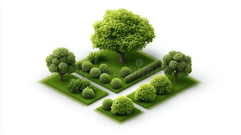 Isometric Garden Design with Various Trees, Shrubs and Grass. 3D ...