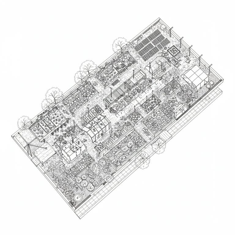 Isometric Garden Plan Displaying a Detailed Layout of Various Garden ...