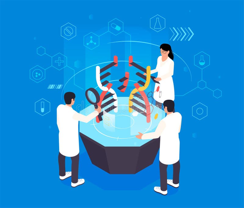 Isometric Genetic Engineering Concept with Scientists Studying Dna ... Isometric Genetic Engineering Concept with Scientists Studying Dna ...
