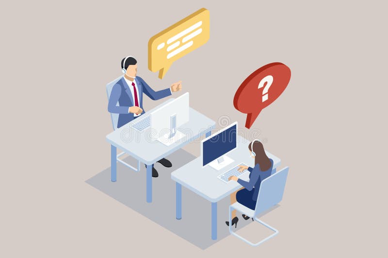 Isometric Global Online Technical Support with Call Center Operators Using Headsets on Computers ...