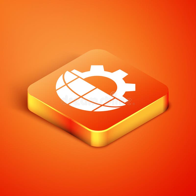 Isometric Globe of the Earth and Gear or Cog Icon Isolated on Orange ...