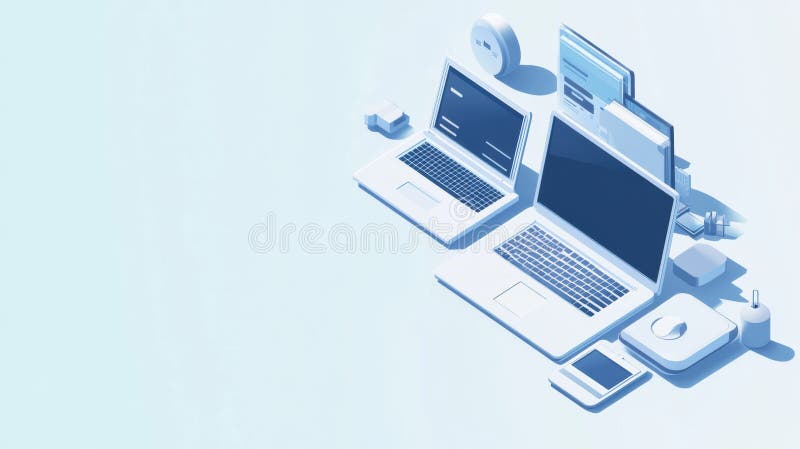 Isometric Graphic of Computer Equipment with Laptops, Cloud Services ...