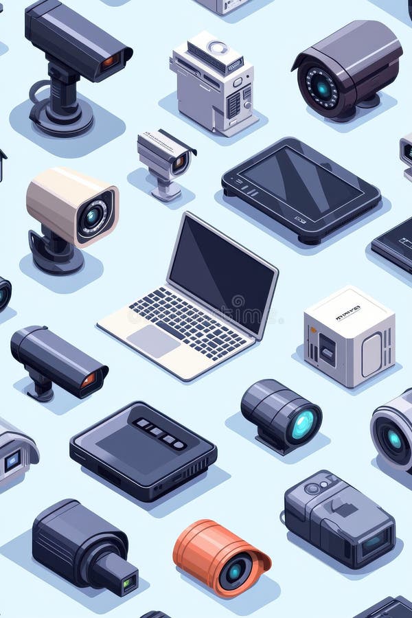 Isometric Graphic Set Featuring Various CCTV Cameras, Laptops, and Tech ...