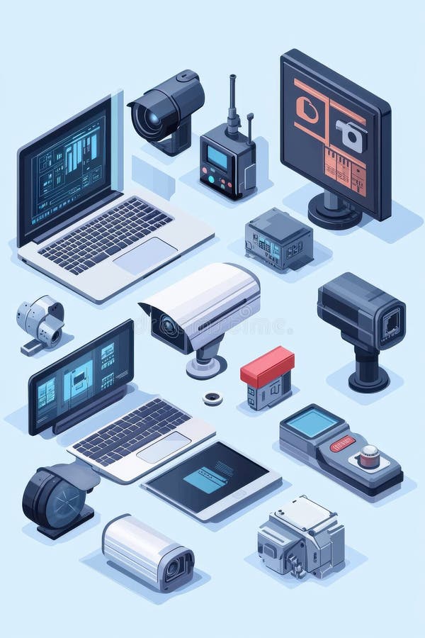 Isometric Graphic Set Featuring Various CCTV Cameras, Laptops, and Tech ...