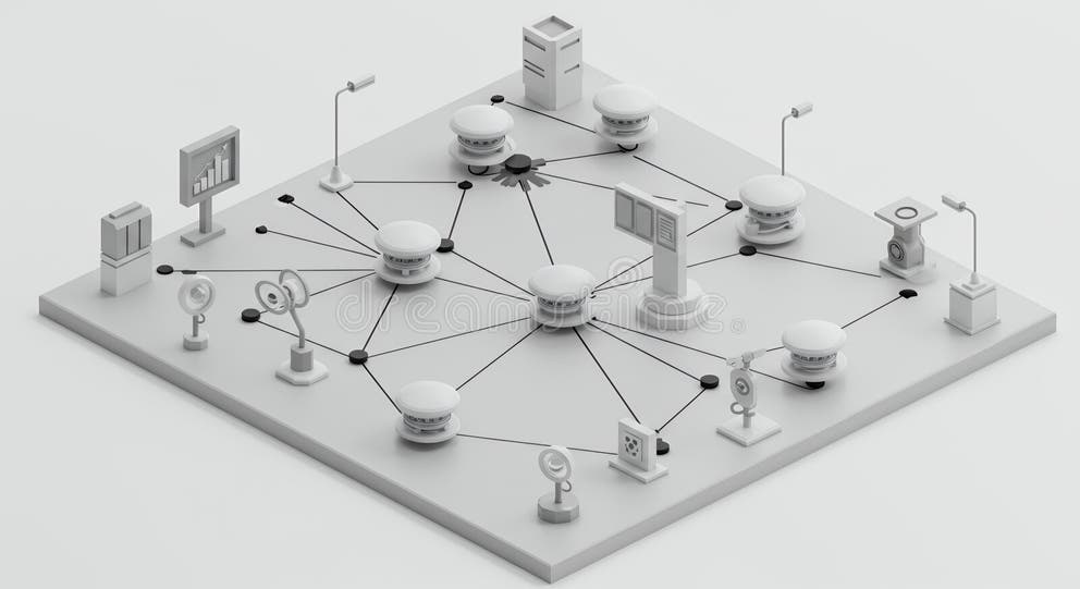 Isometric Gray Sensor Network Connecting Stylized City Elements in ...