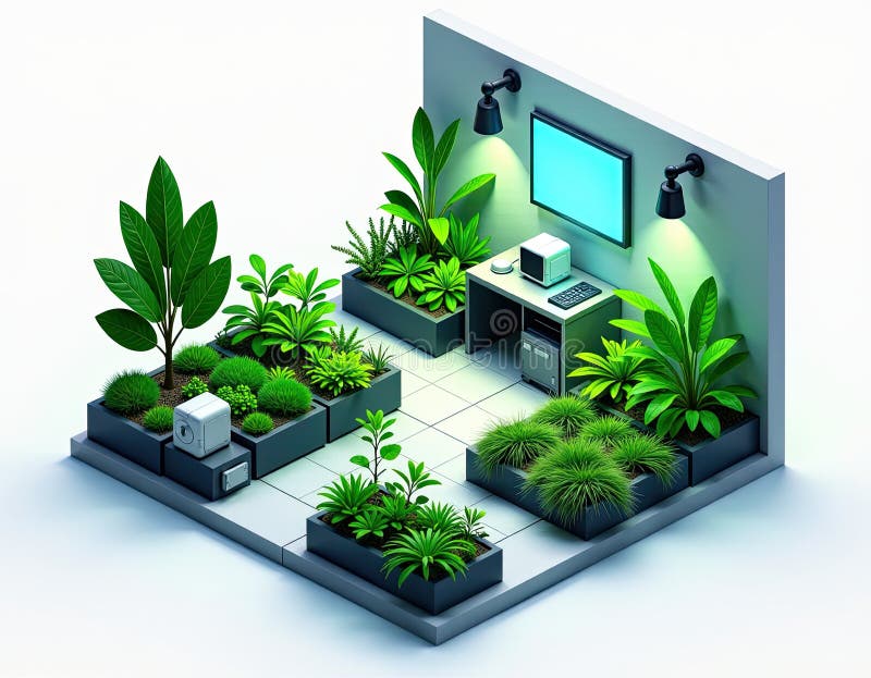 Isometric Green Office with Plants Stock Illustration - Illustration of ...