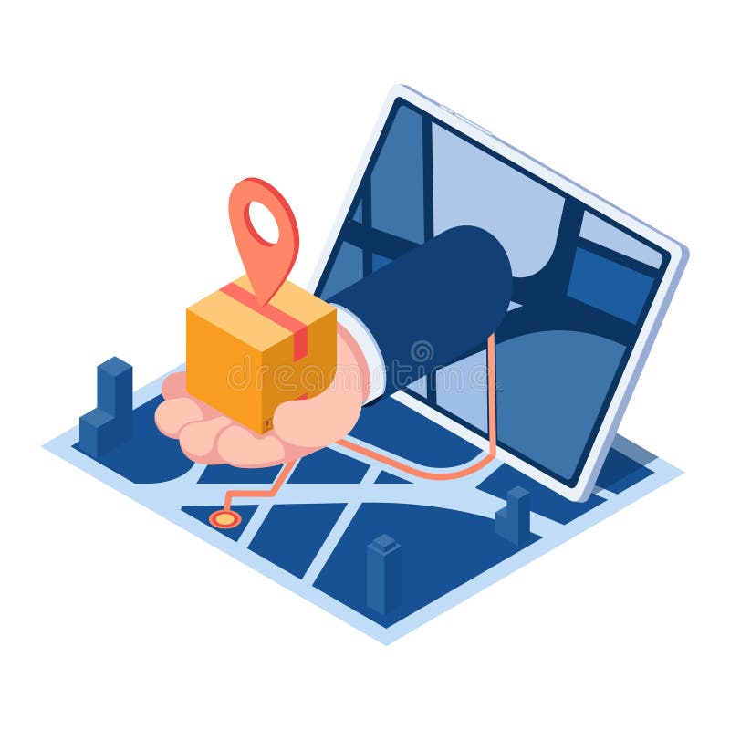 Isometric Hand Delivering Parcel Box on Map with GPS Navigation Pin ...