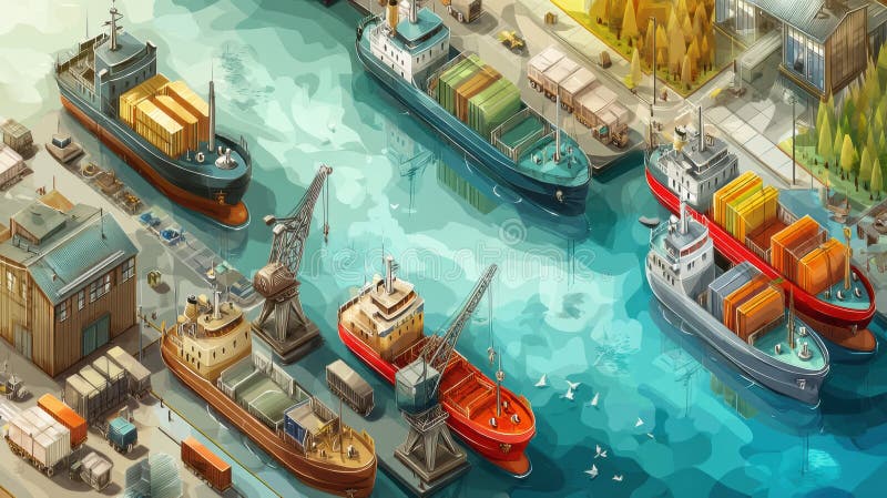 View of Isometric Harbor with Halted Cargo Ships and Modern Facilities ...