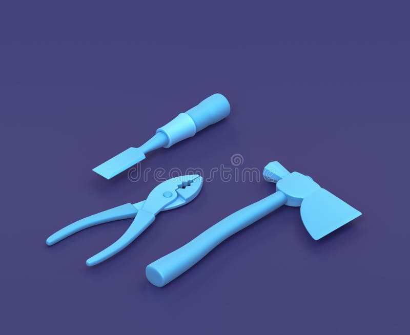 Isometric Hatchet, Pliers and Wood Chisel on Blue Background, Single ...