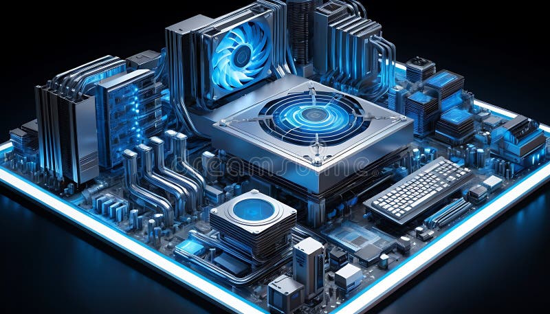 Isometric Hi-Tech Computer with Energy Core Stock Illustration ...