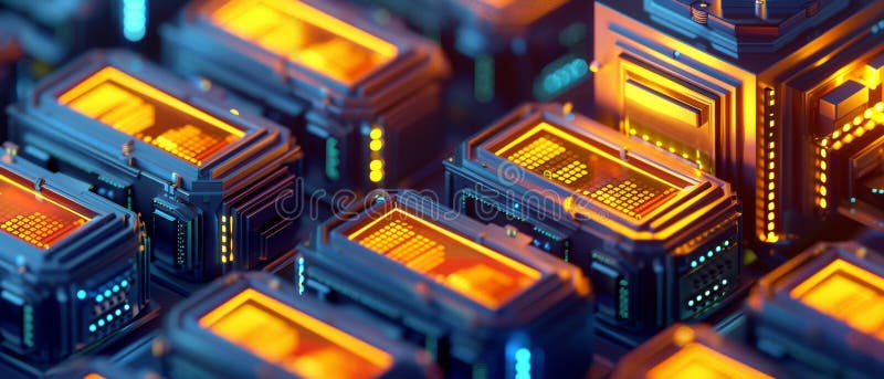 An Isometric High Tech Data Center with Servers Shaped Like Gold Bars ...