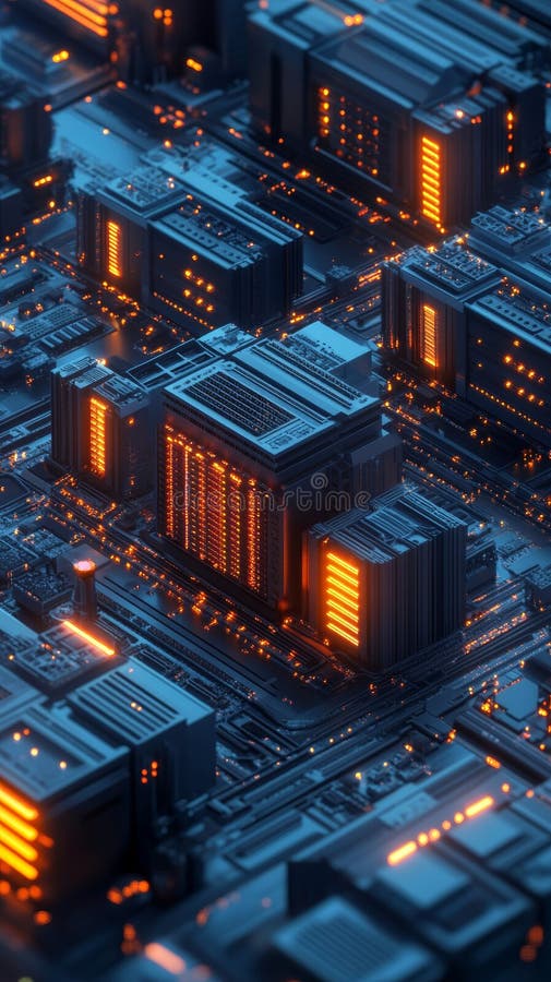 Isometric High Tech Model of Data Center with Neon Lights and Complex ...