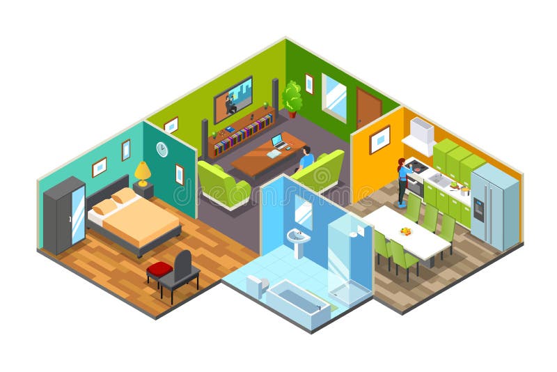 Isometric Home Indoor Vector Illustration Stock Vector - Illustration ...