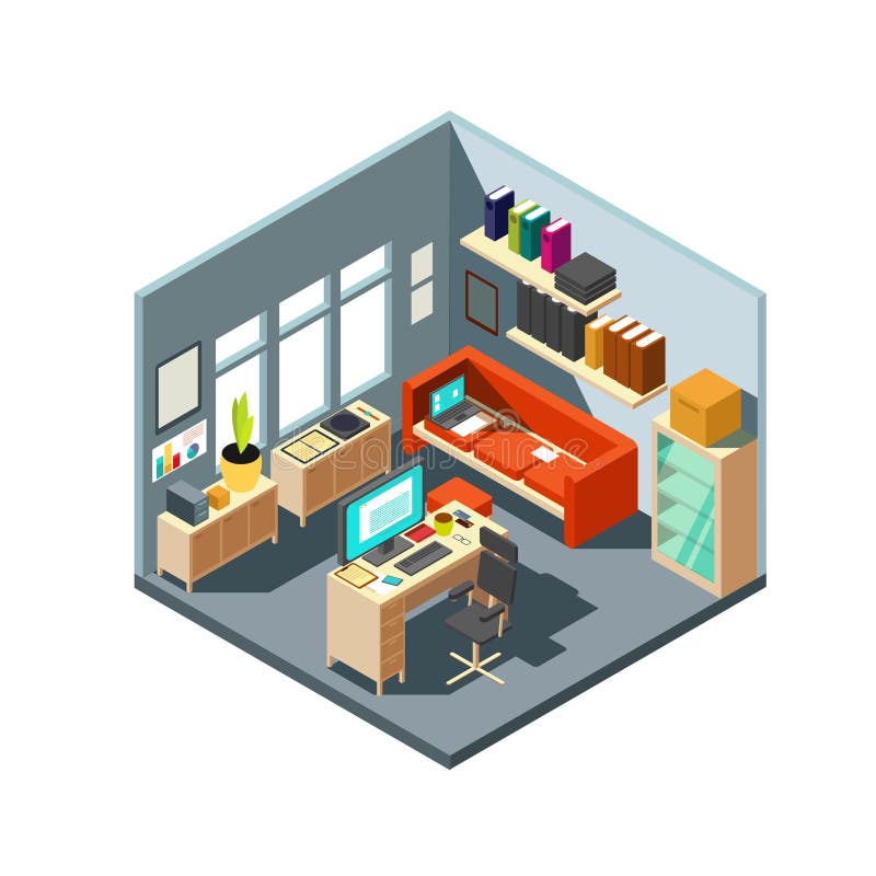 Flat 3d Isometric Workspace Stock Vector - Illustration of black, design: 52085399