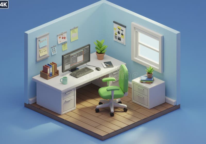 Isometric Home Office Setup with Desk and Computer Stock Illustration ...