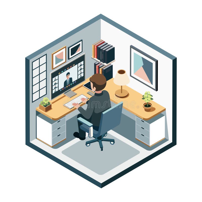 Isometric Home Office Setup with Online Meeting in Progress Stock ...
