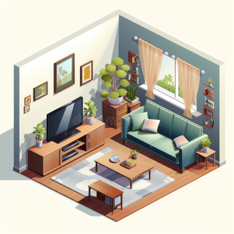 Isometric Home Rooms with Furniture Stock Illustration - Illustration ...