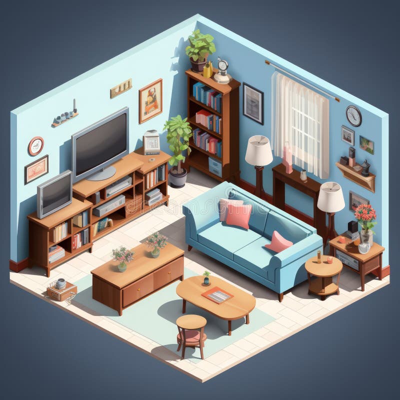 Isometric Home Rooms with Furniture Stock Illustration - Illustration ...
