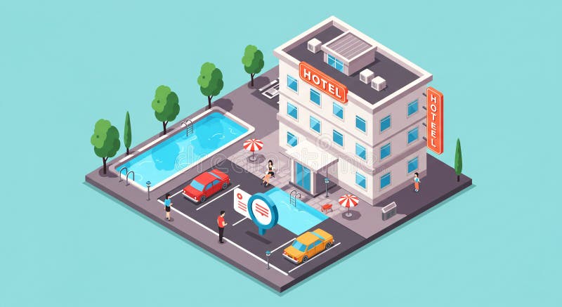 Isometric Hotel with Pool and Parking Lot Stock Illustration ...