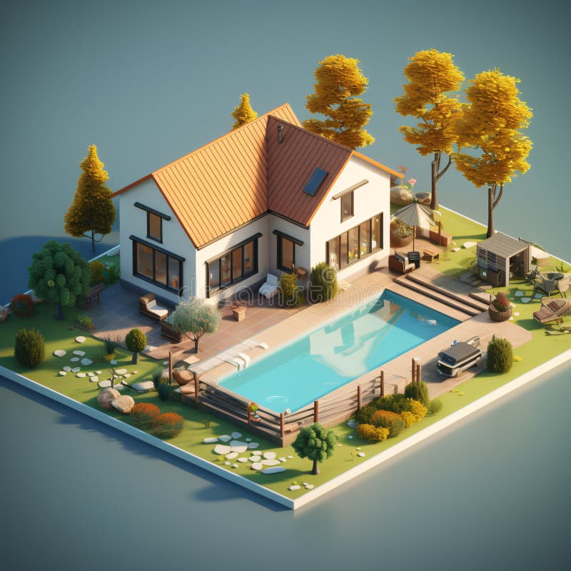 Isometric House 3D Render with Pool and Trees Stock Illustration ...