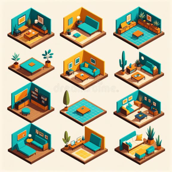 Isometric House Interior Set Stock Illustration - Illustration of ...