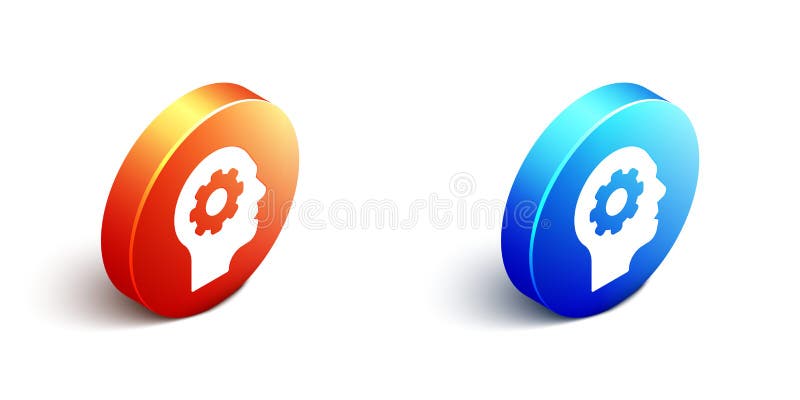 Isometric Human Head with Gear Inside Icon Isolated on White Background ...
