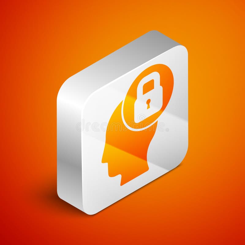 Isometric Human Head with Lock Icon Isolated on Orange Background ...