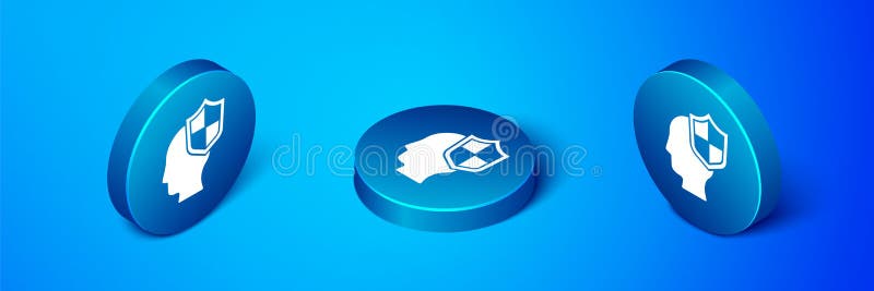 Isometric Human Head with Shield Icon Isolated on Blue Background. Blue ...