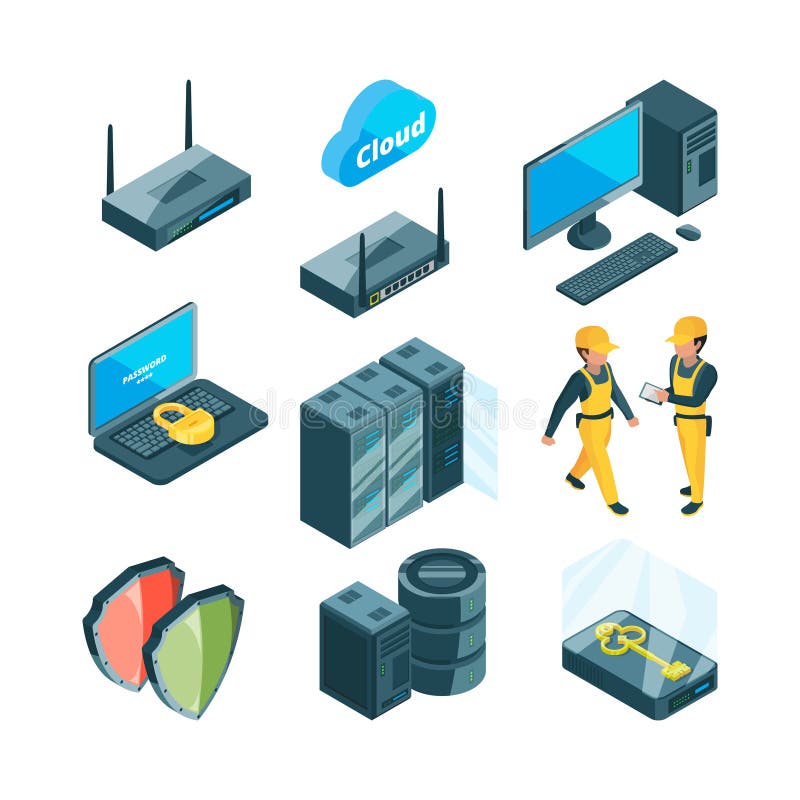Isometric Icon Set of Different Electronic Systems for Datacenter Stock ...