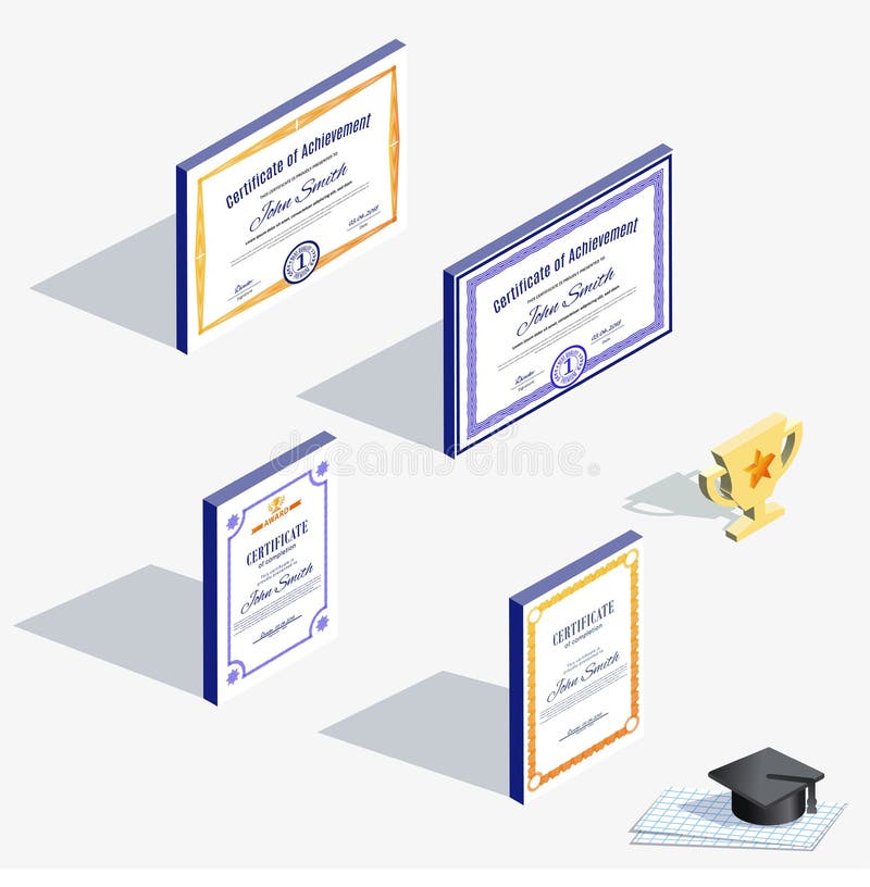 Isometric Icons. Different Official Bright Certificates and Graduation ...
