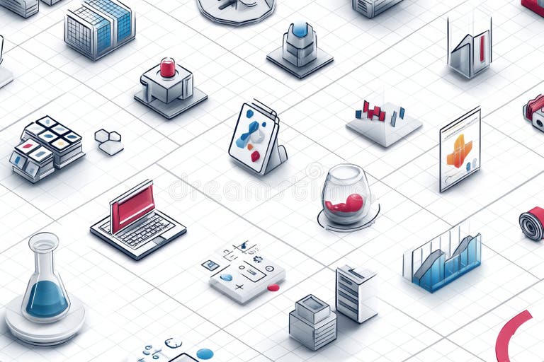 Isometric Icons and Digital Symbols Arranged on a Clean Grid Background ...