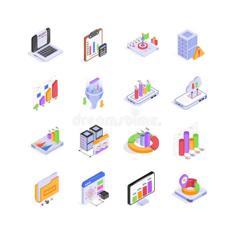 Isometric Icons Represents Data Analysis, Cloud Computing, and Digital Marketing Stock Vector ...