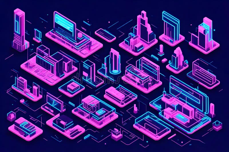 Isometric Illustration of Advanced Technology on a Solid Blue ...