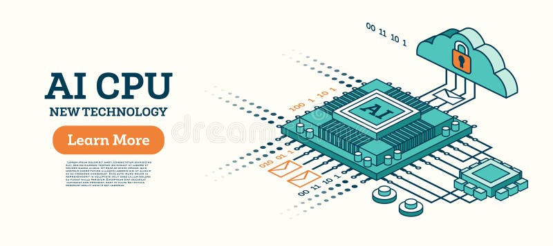 Isometric Illustration of AI CPU Technology with Binary Code, Cloud Storage, and Secure Data ...