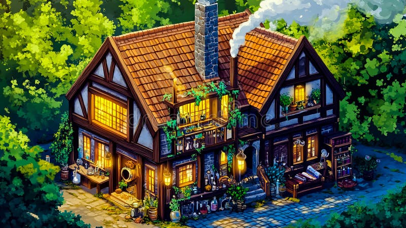 An Isometric Illustration of an Alchemist S Building with a Magical ...