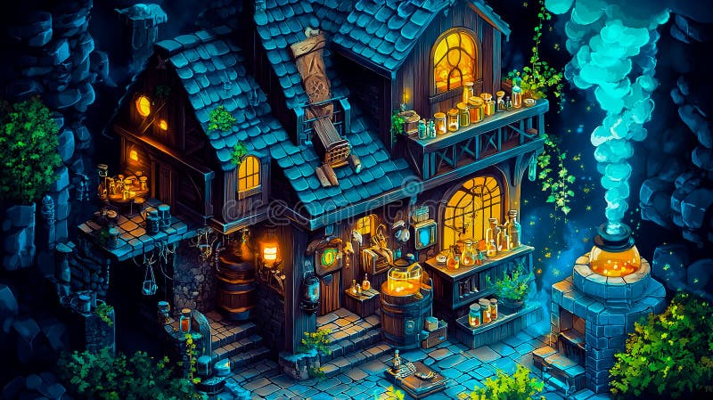 An Isometric Illustration of an Alchemist S Building with a Magical ...