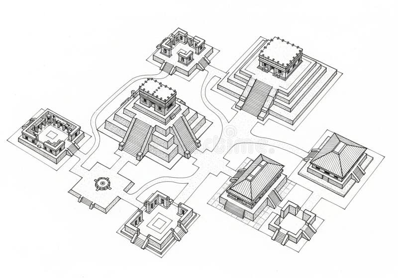 Isometric Illustration of an Ancient Mesoamerican City Plan, Featuring Symmetrical Pyramidal ...