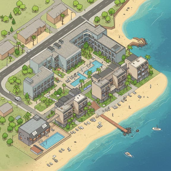 Isometric Illustration of a Beachfront Resort Complex Featuring ...