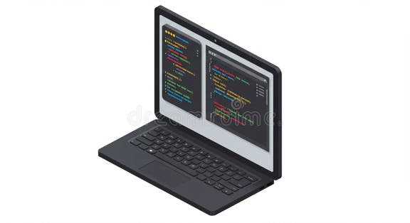 Isometric Illustration of a Black Laptop with an Open Screen Displaying ...