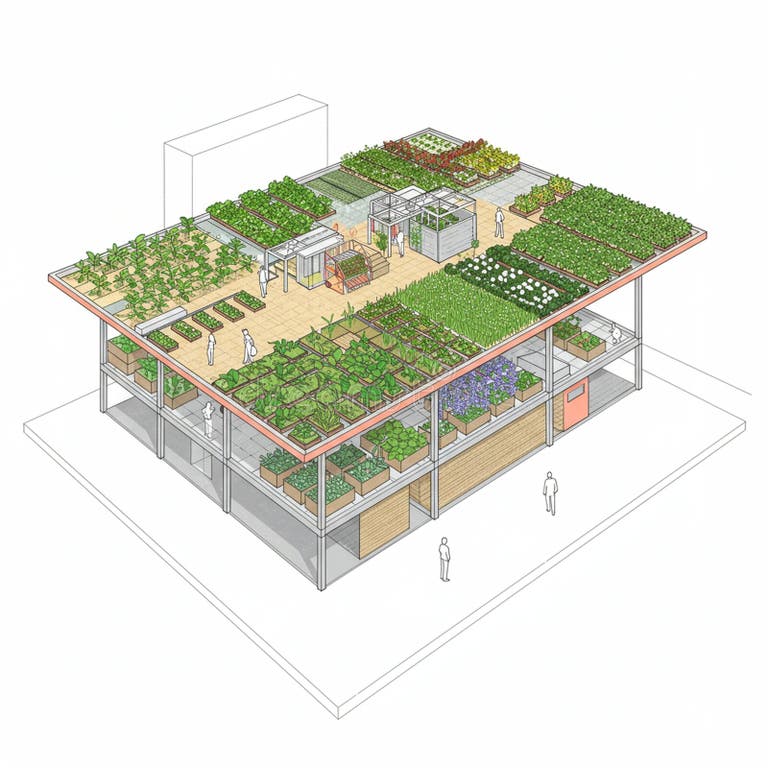 Isometric Illustration of a Building Featuring a Rooftop Garden with ...