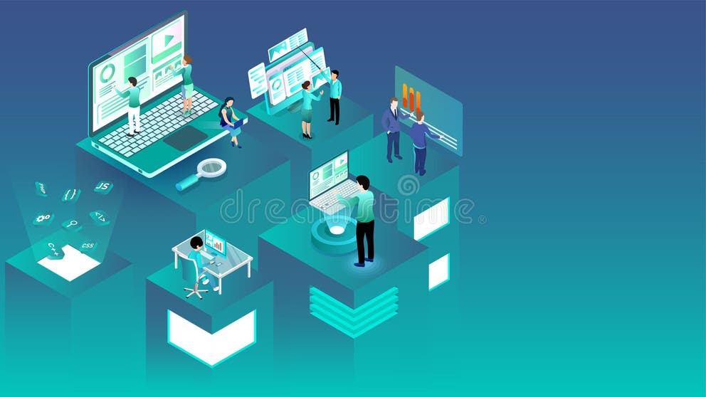 Isometric Illustration of Business People Working on Different ...