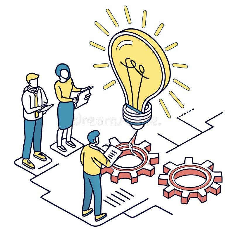 Isometric Illustration of Business Teamwork with Idea and Gear ...