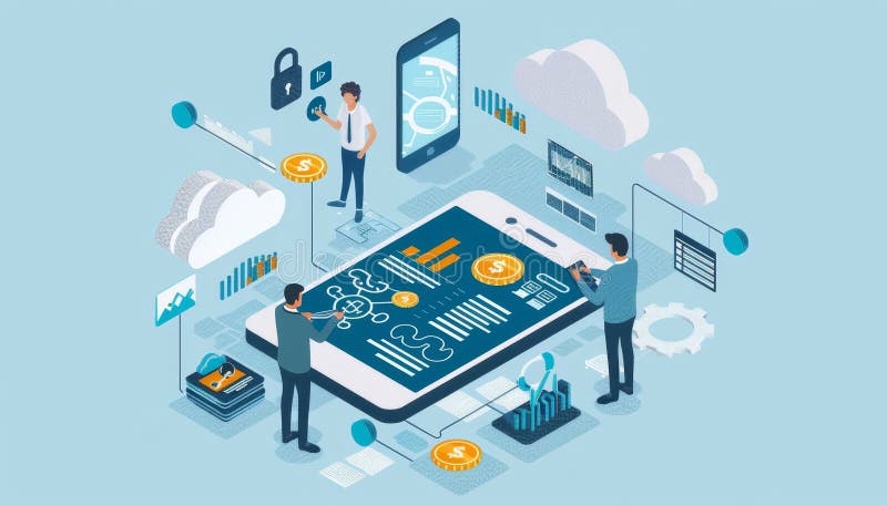 Isometric Illustration of Businesspeople Interacting with Digital ...