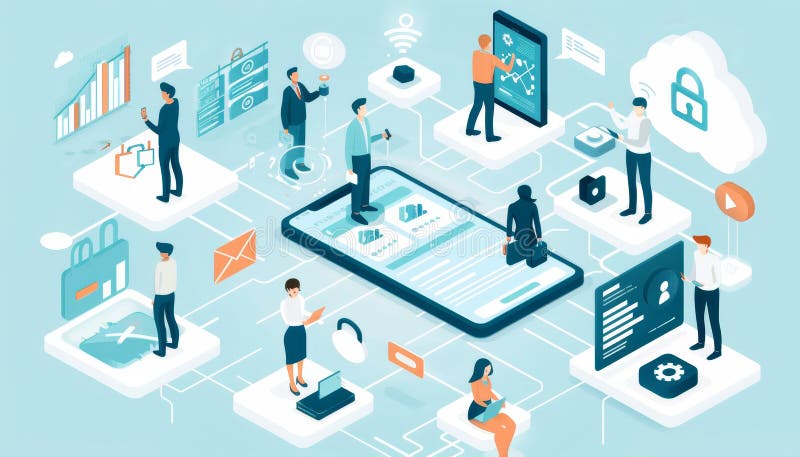 Isometric Illustration of Businesspeople Interacting with Digital ...