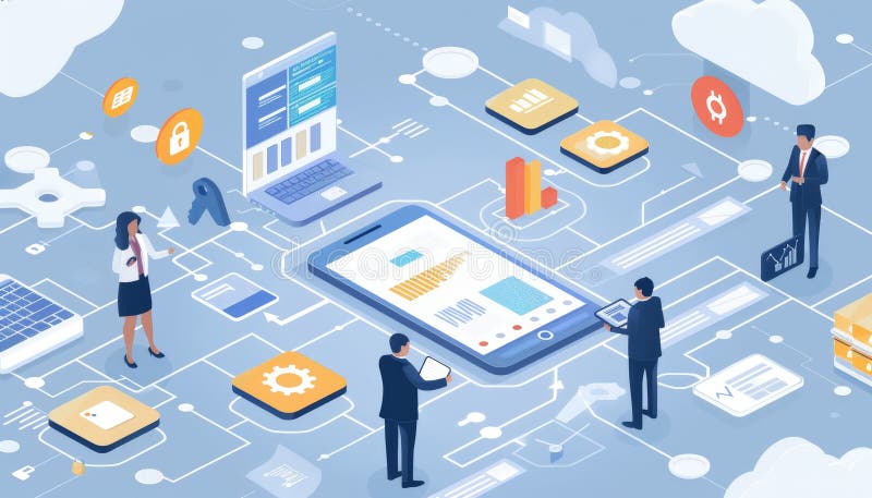 Isometric Illustration of Businesspeople Interacting with Digital ...