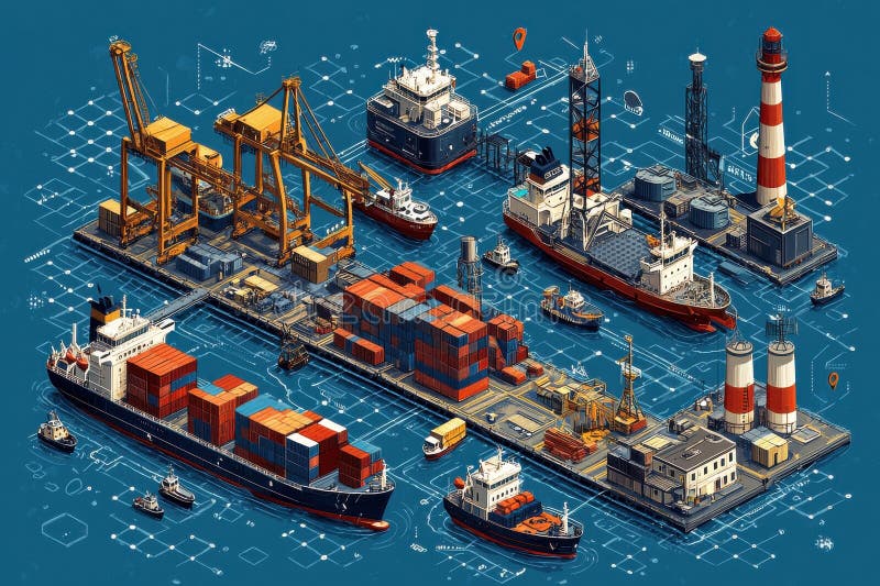 Isometric Illustration of a Bustling Modern Port with Infrastructure ...