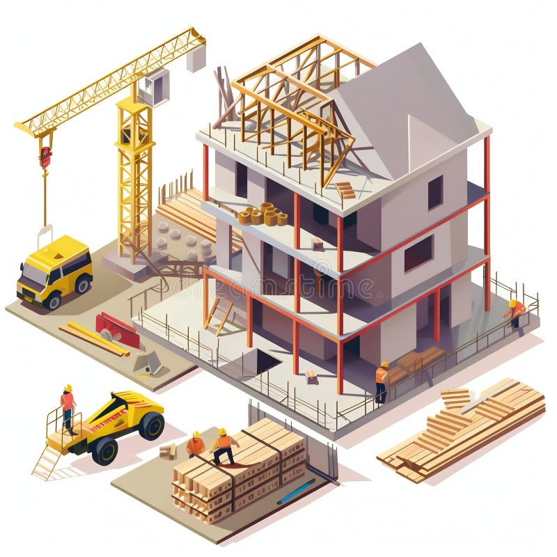 Isometric Illustration of a Busy Construction Site. Generative Ai Stock ...
