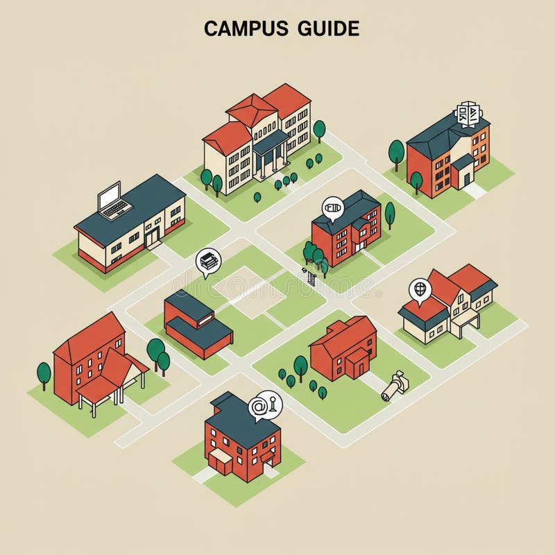 Isometric Illustration of a Campus Guide Displaying Various Buildings ...